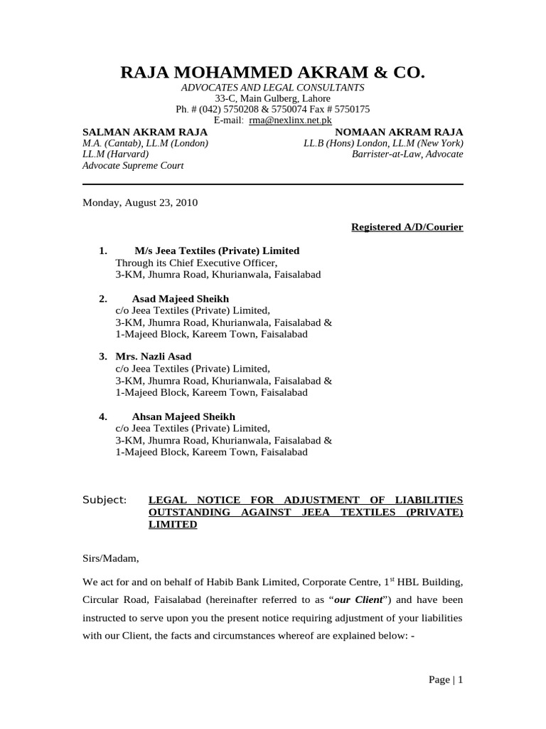 Legal Notice for Jeea Textiles Liabilities | PDF | Guarantee | Common Law