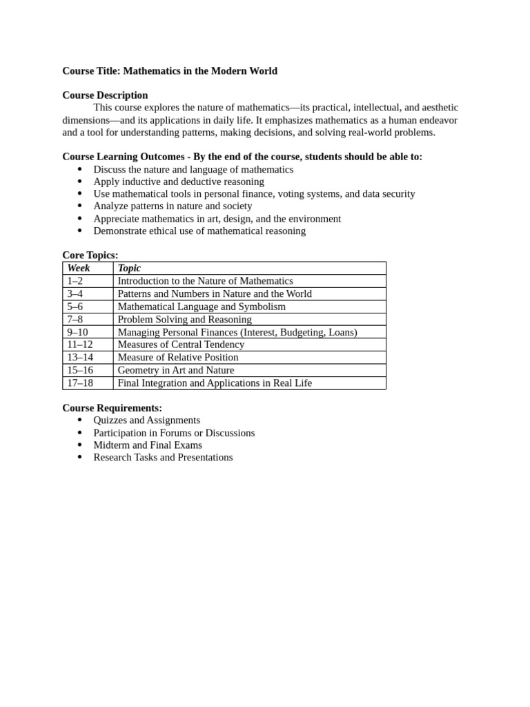 Mathematics in Modern Life Course | PDF