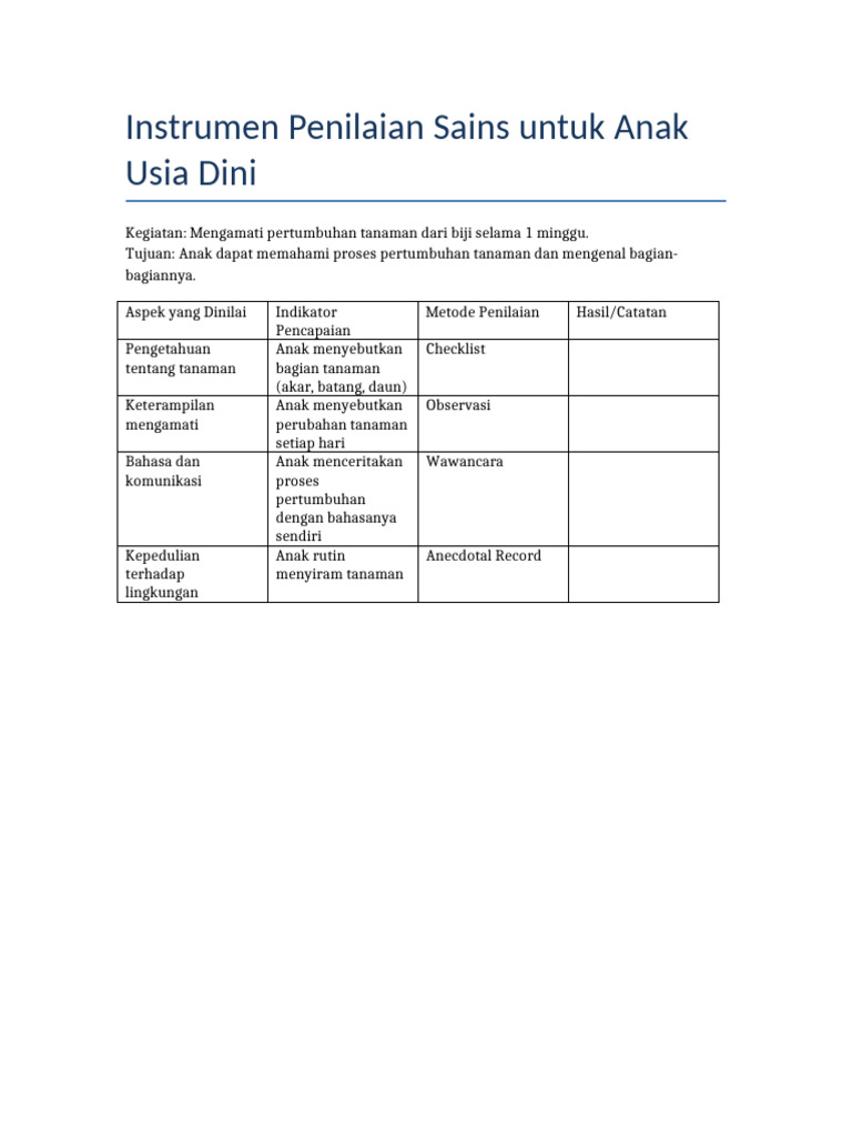Instrumen Penilaian Sains PAUD | PDF