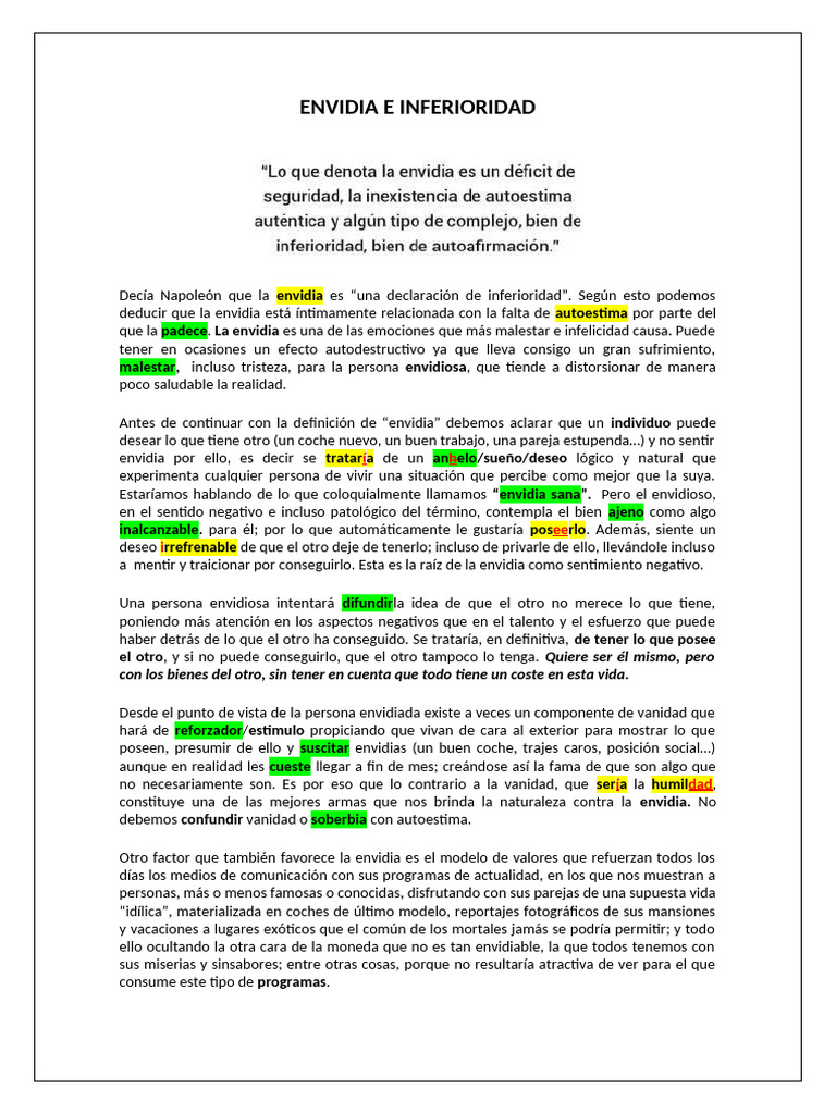 Envidia y Complejo de Inferioridad | PDF | Envidia | Sufrimiento
