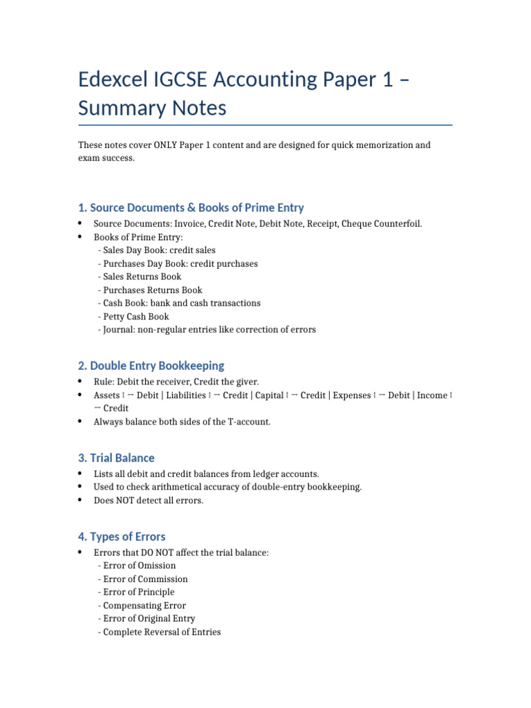 IGCSE Accounting Paper 1 Summary Notes | PDF | Debits And Credits ...