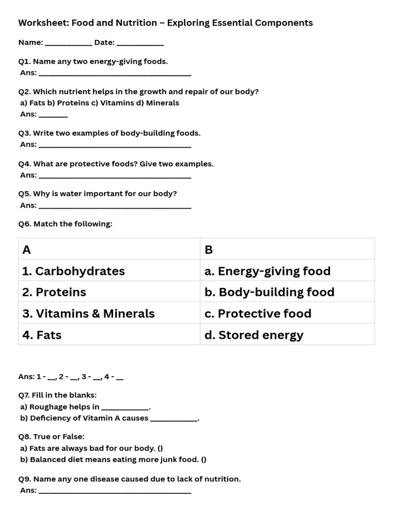 Worksheet Food and Nutrition – Exploring Essential Components (1) | PDF