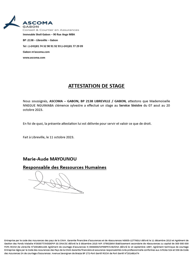 Attestation de stage chez ASCOMA Gabon | PDF