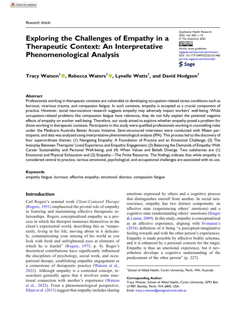 Watson Et Al 2025 Exploring The Challenges of Empathy in A Therapeutic ...
