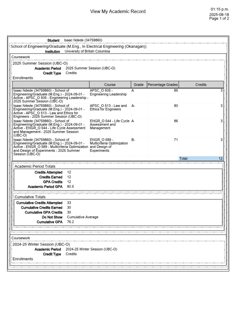 Isaac Ndede's Academic Record Summary | PDF