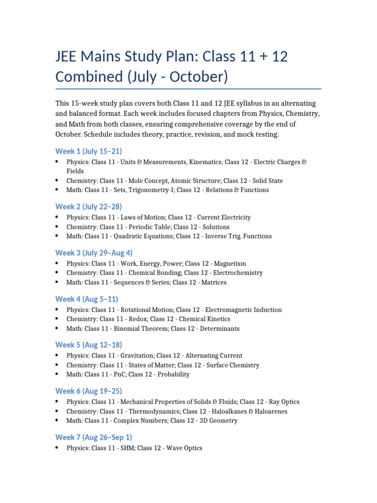 JEE Mains Combined Class11 and 12 StudyPlan | PDF | Chemistry | Physics