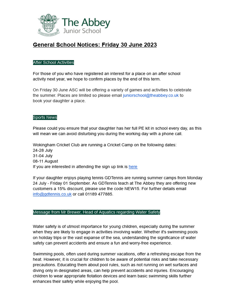 Abbey School Notices: Activities & Safety | PDF | Swimming