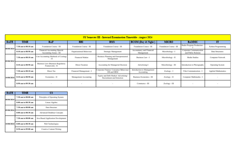 SY - Internal - Examination - SEM - III Time Table - 2024-2025 | PDF | Business | Accounting