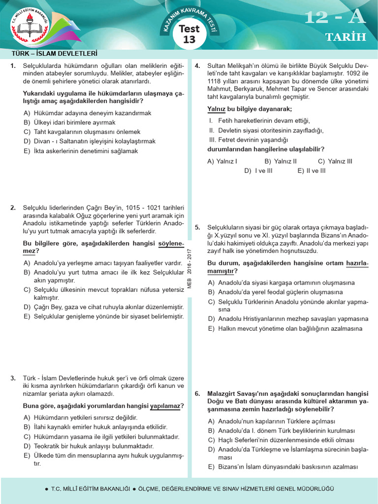 Test 13 Türk - İslam Devletleri̇ | PDF