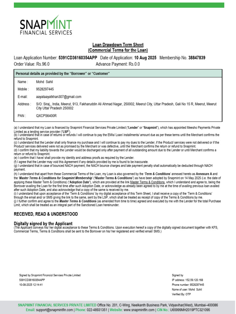 Loan Drawdown Term Sheet (Commercial Terms For The Loan ...
