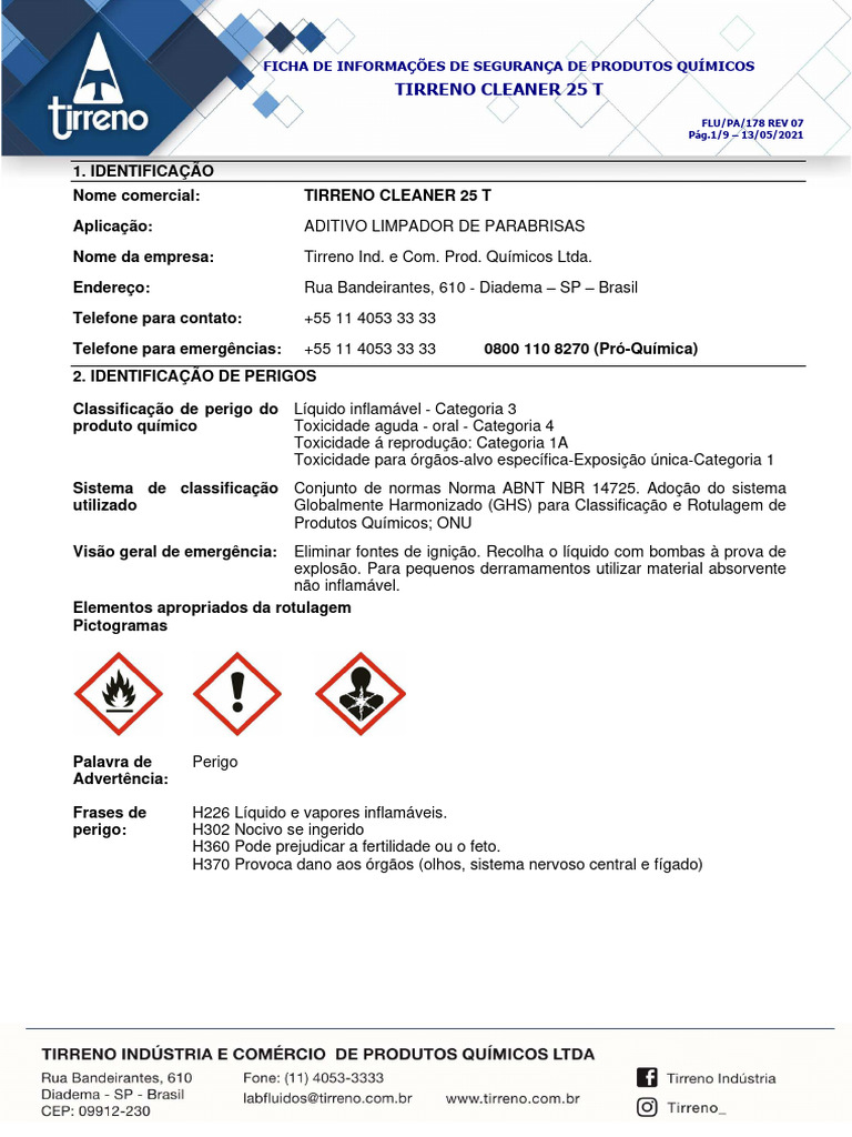Ficha de Segurança: Tirreno Cleaner 25 T | PDF | Desperdício