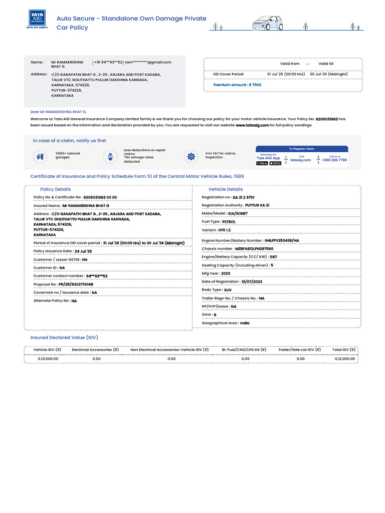 Tata AIG Motor Policy Schedule 3184 6205031963 | PDF | Insurance ...