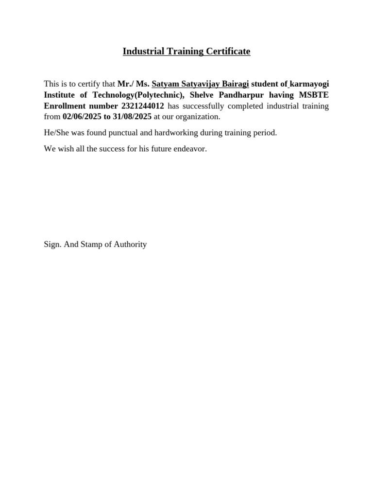 Industrial Training Certificate Format for Employer | PDF