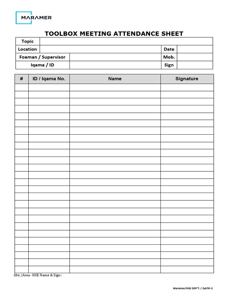 Toolbox Meeting Attendance Sheet | PDF