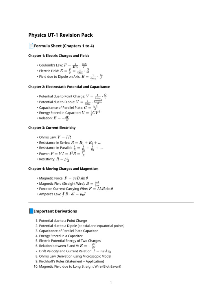 Physics Ut1 Revision Pack | PDF | Magnetic Field | Electricity