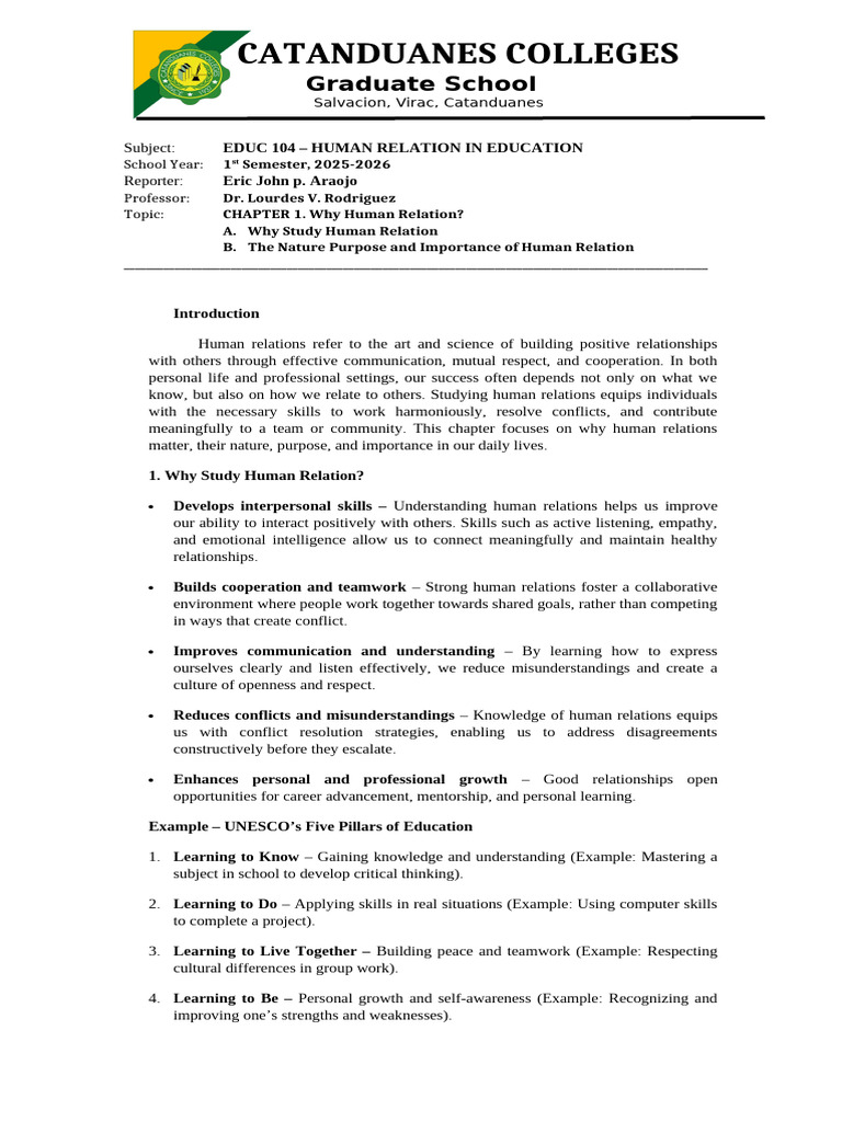 Chapter 1 Human Relation Handout | PDF | Teachers | Learning
