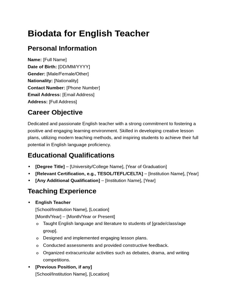 Male English Teacher Biodata Template | PDF