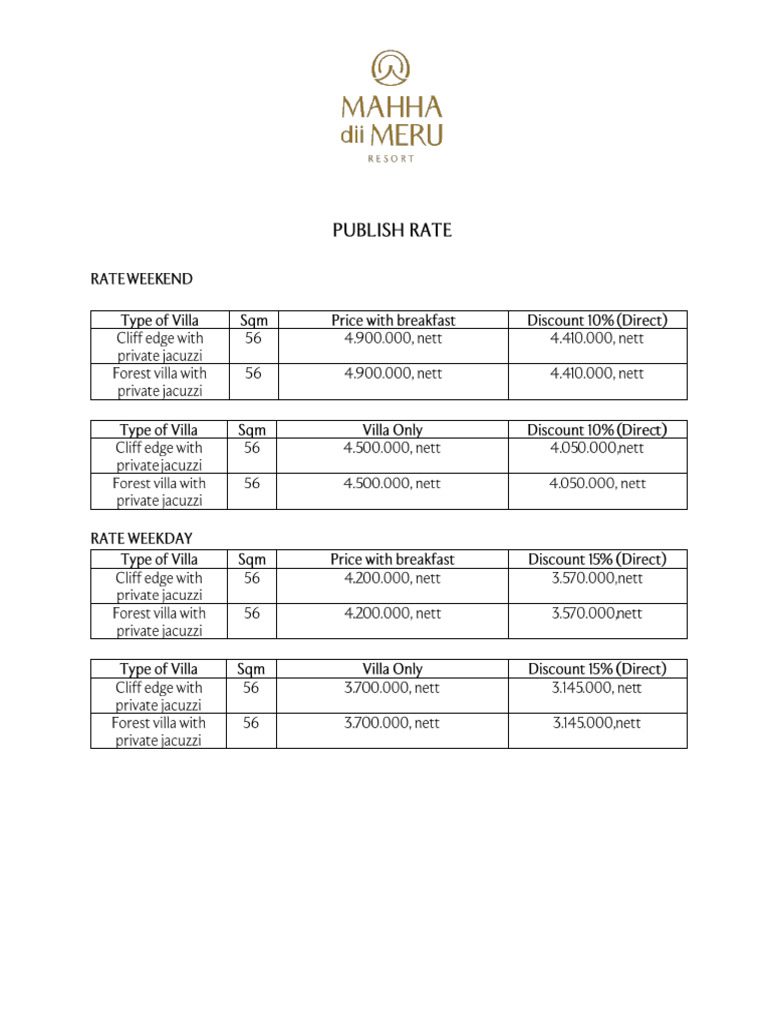 Mahha Dii Meru Resort Rate 2025 | PDF