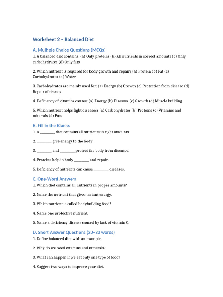 Balanced Diet Worksheet and Quiz | PDF
