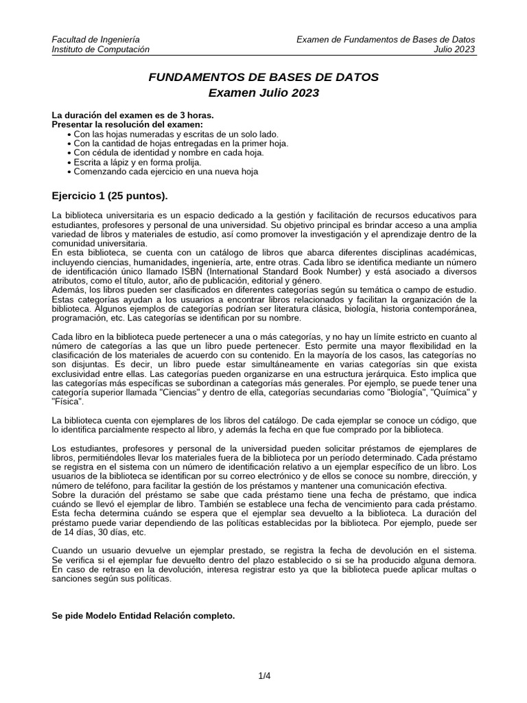 Examen Base de Datos - Período Julio 2023 | PDF | Base de datos relacional | SQL
