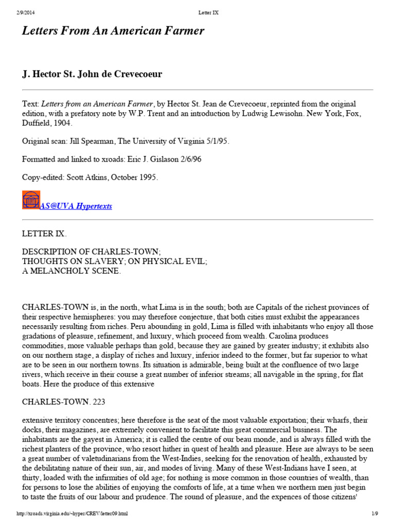De Crevecoeur, J. Hector - Letters From An American Farmer - Letter IX ...