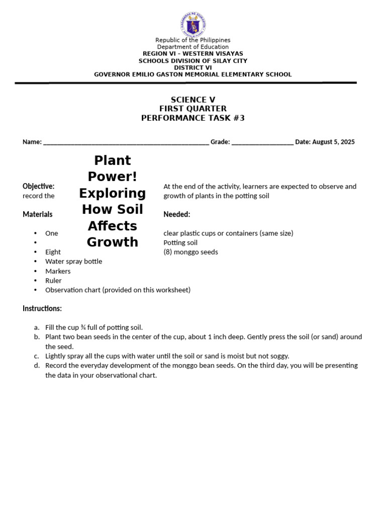 Plant Power Science 5 Performance Task 3 | PDF