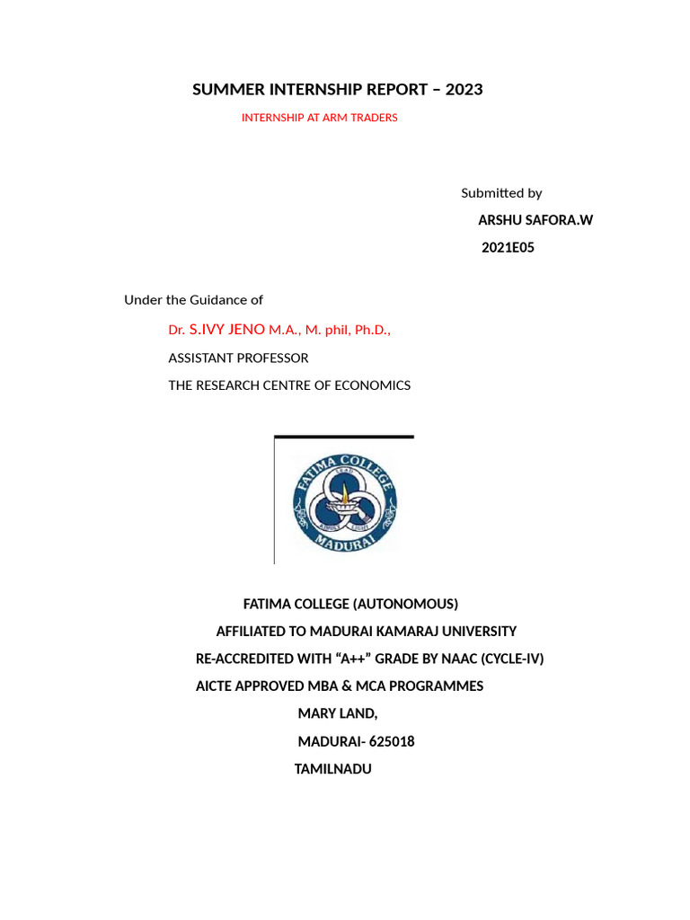 Summer Internship Report Arshu | PDF | Letter Of Credit | Invoice