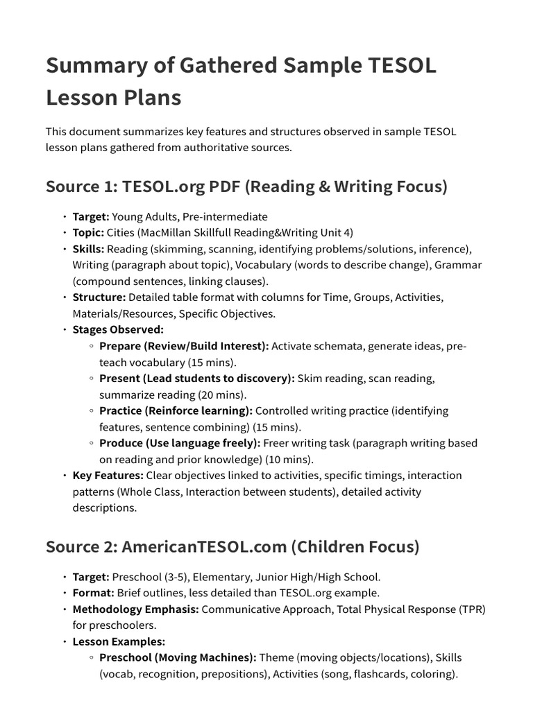 Summary of Gathered Sample TESOL Lesson Plans | PDF | Reading ...