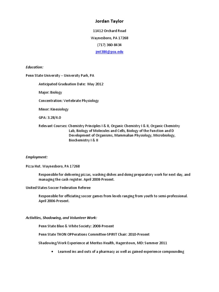 Jordan Taylor's Biology Resume | PDF | Career & Growth | Self-Improvement