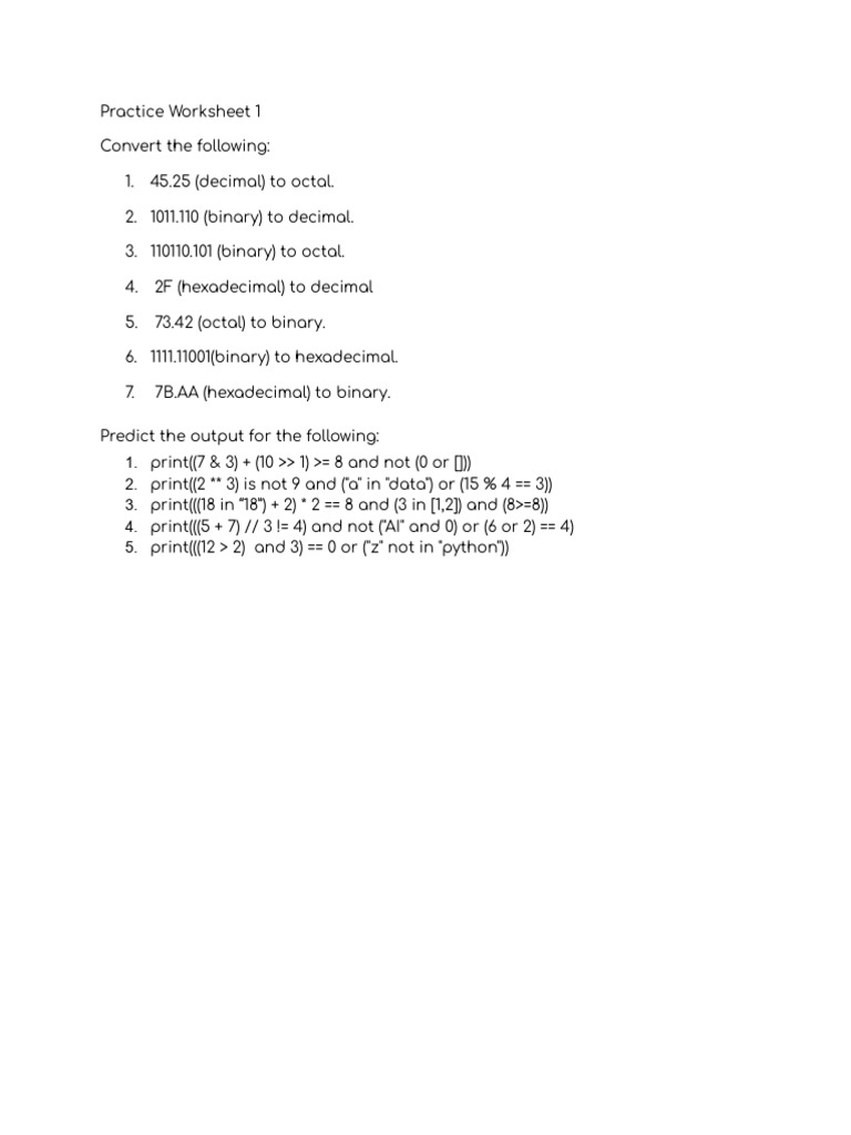 XI CS Exp Numsys Worksheet | PDF