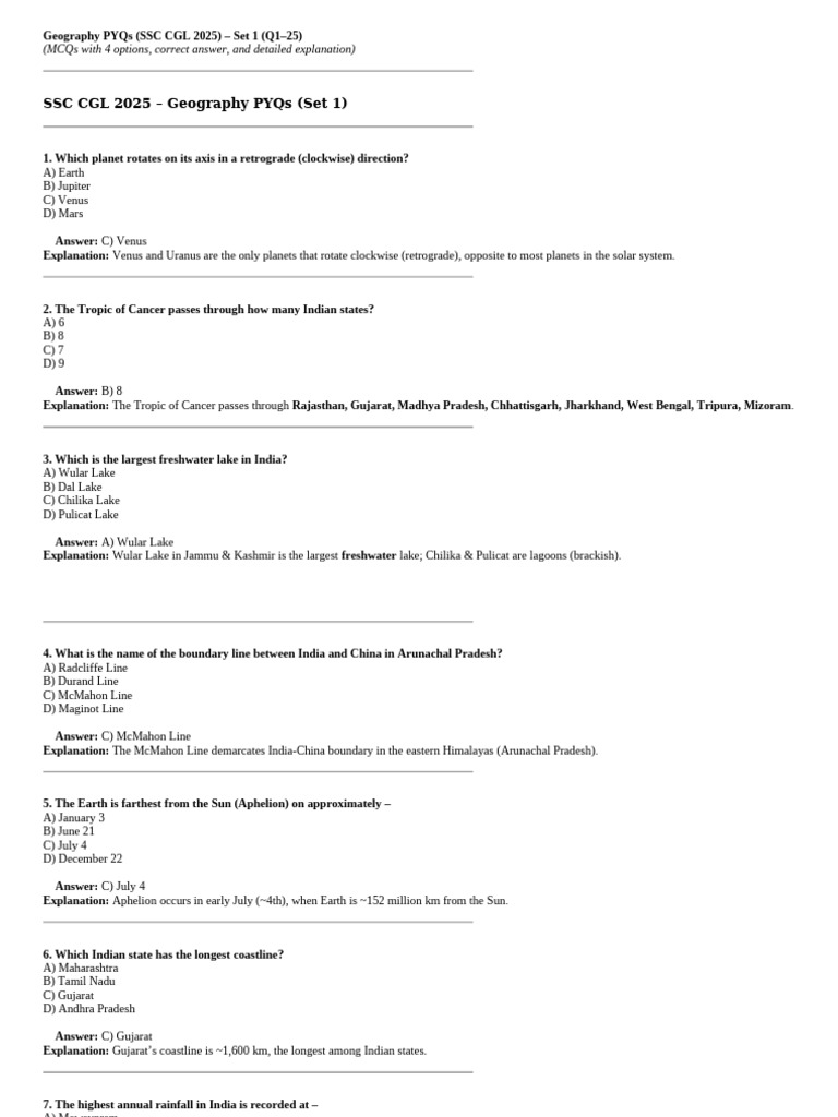 SSC CGL 2025 Geography PYQs Set 1 | PDF | Physical Geography | Earth ...