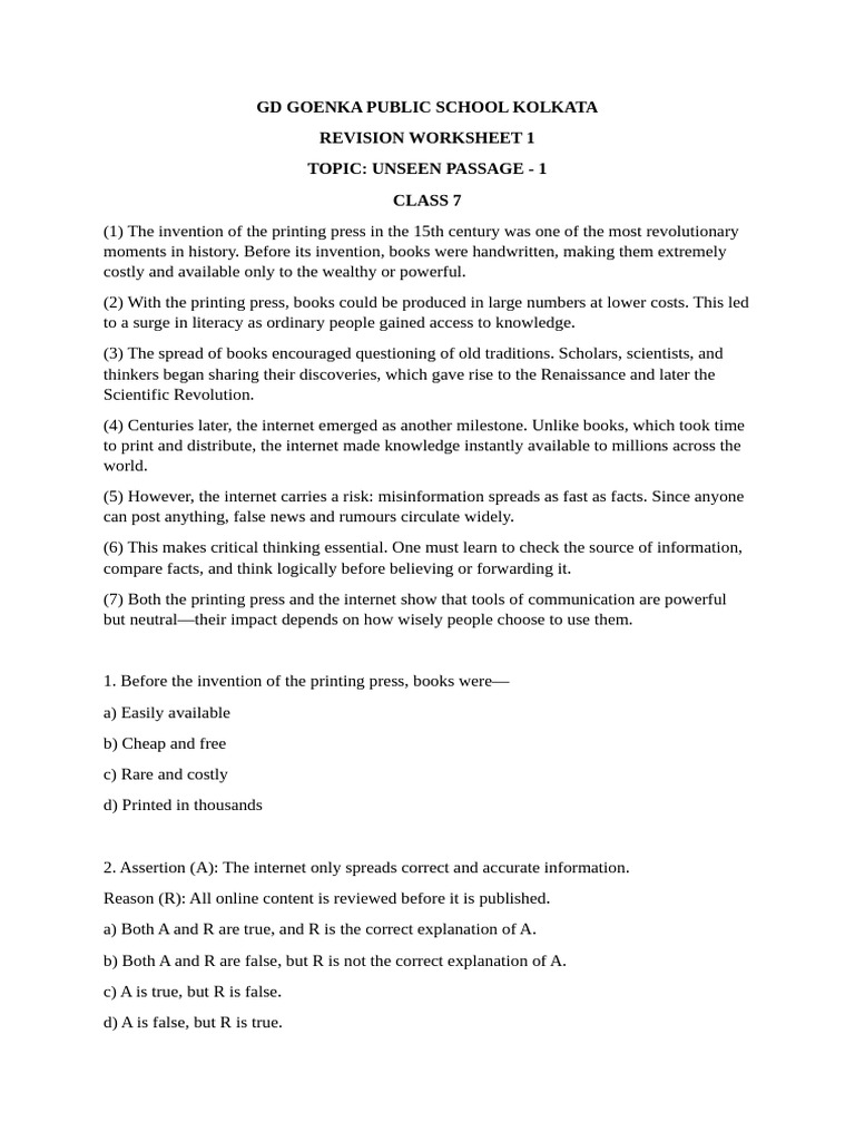 Rev Worksheet 1 Class 7 | PDF | Printing Press | Knowledge