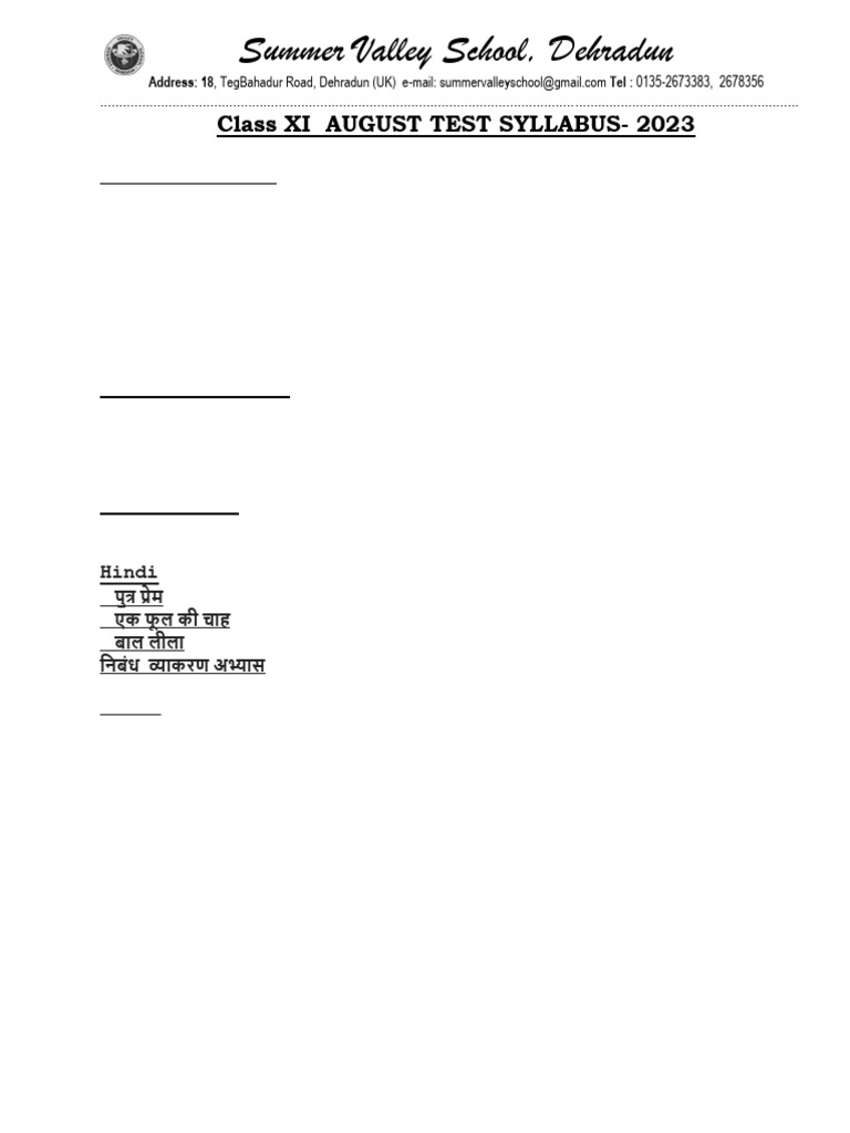 Class 11 Aug Test Syllabus 2023 | PDF | Equations | Mathematics