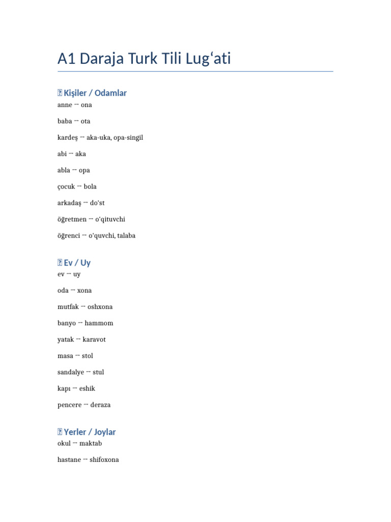 A1 Turkish Vocabulary | PDF