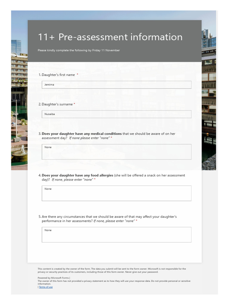 11+ Assessment Pre-Submission Form | PDF