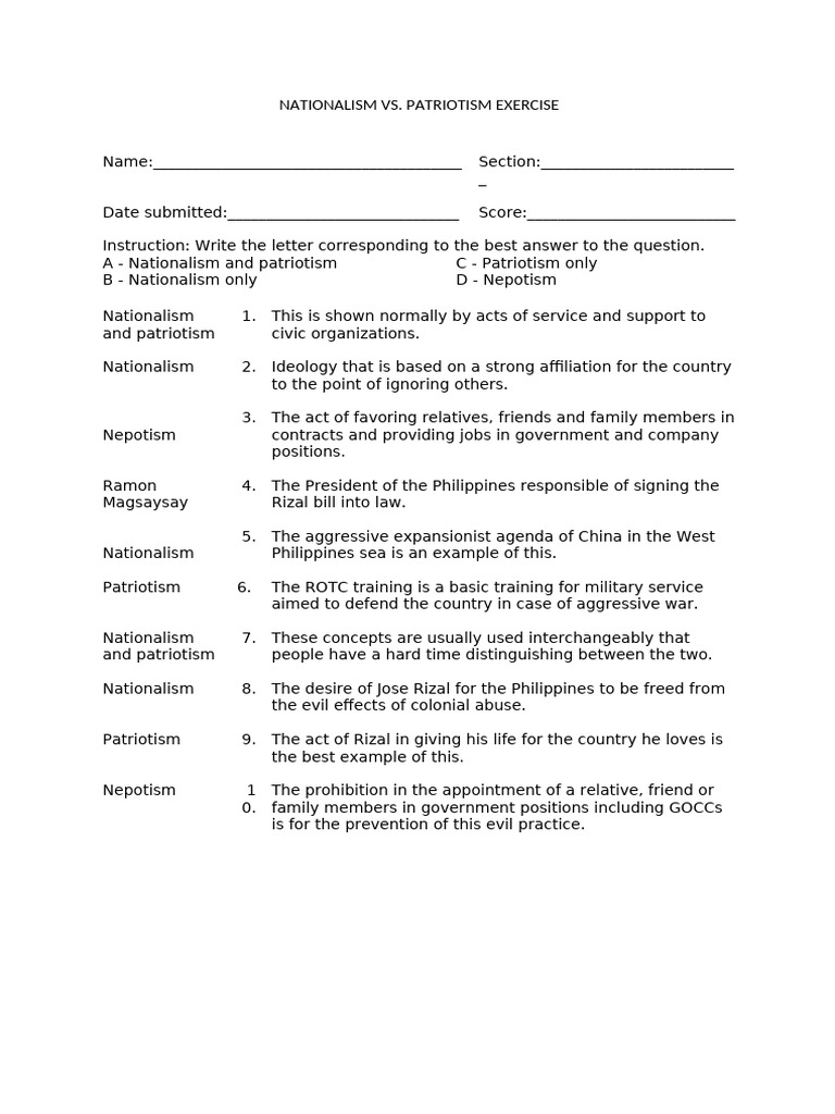 Nationalism vs. Patriotism Quiz | PDF