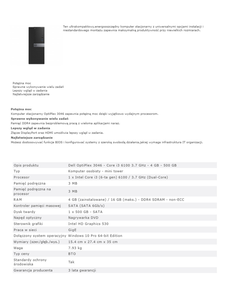 Product Data Sheet - Dell Komputer Opti7040 SFF - Core I3-6100 - 16GB ...