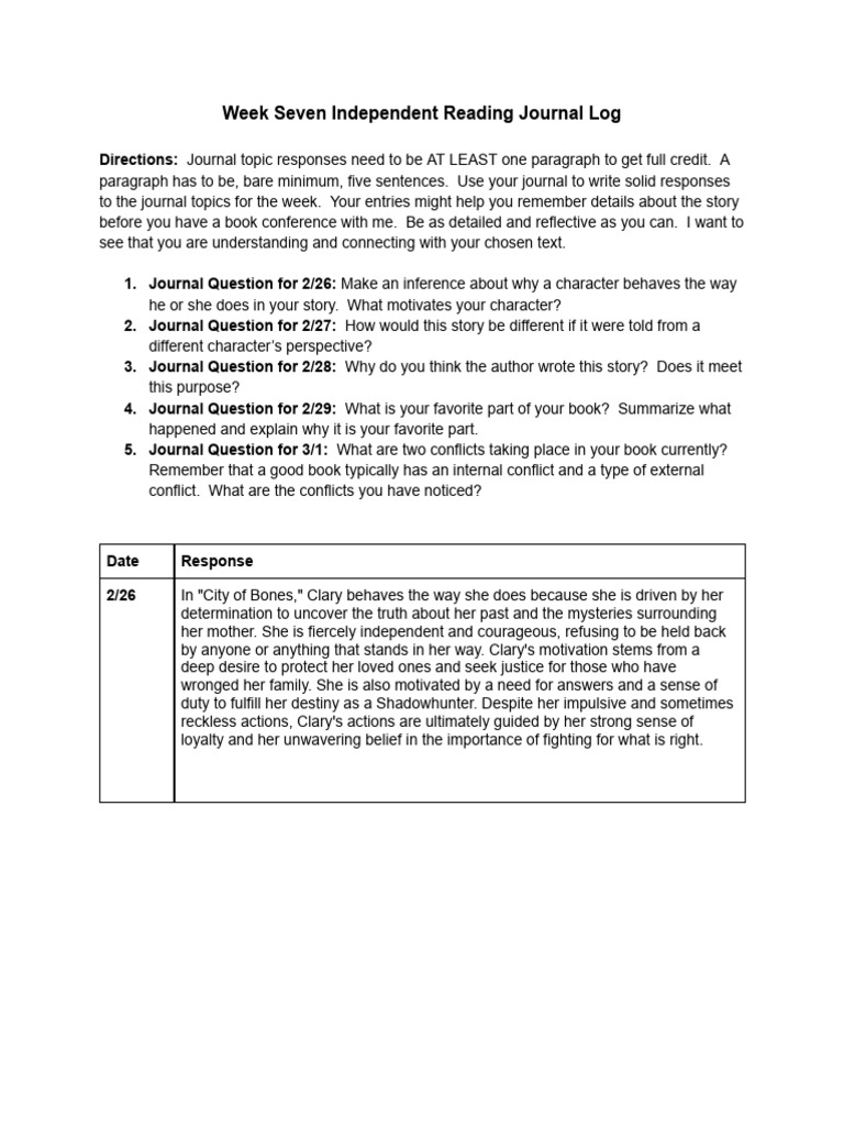 Joel Repp - Week Seven Independent Reading Journal Log | PDF