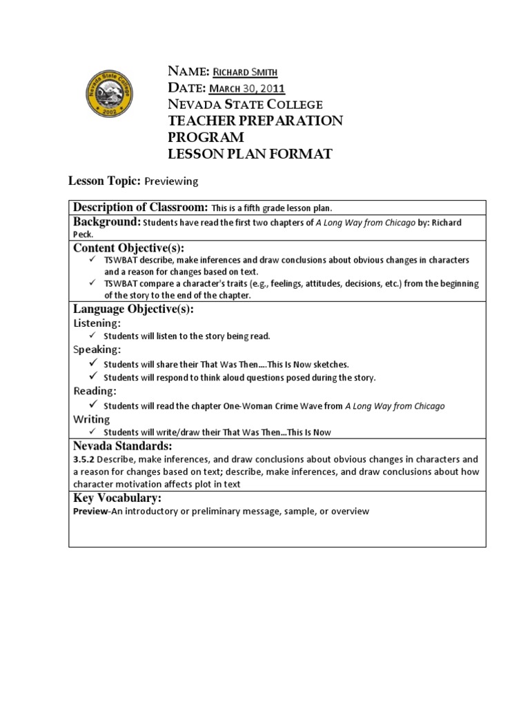 N: D: N S C Teacher Preparation Program Lesson Plan Format | PDF ...