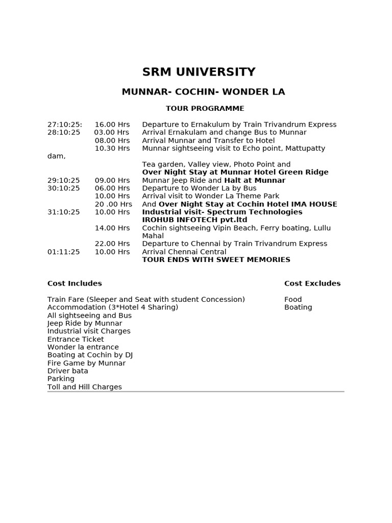 SRM University Munnar Tour.2025 | PDF