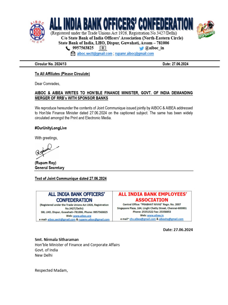 13 2024 Aiboc Aibea Letter To FM Merger of Rrbs | PDF | Banks | Mergers ...