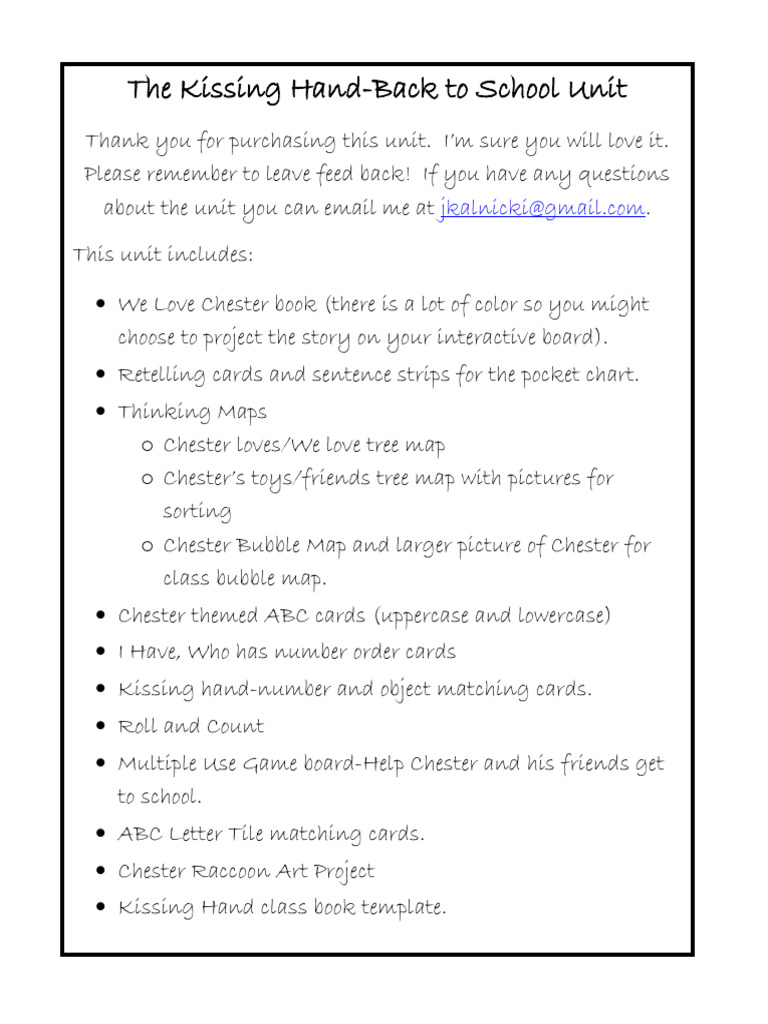 The Kissing Hand-Back To School Unit | PDF