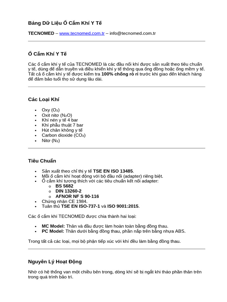 Medical Gas Outlets Data Sheet - dịch | PDF