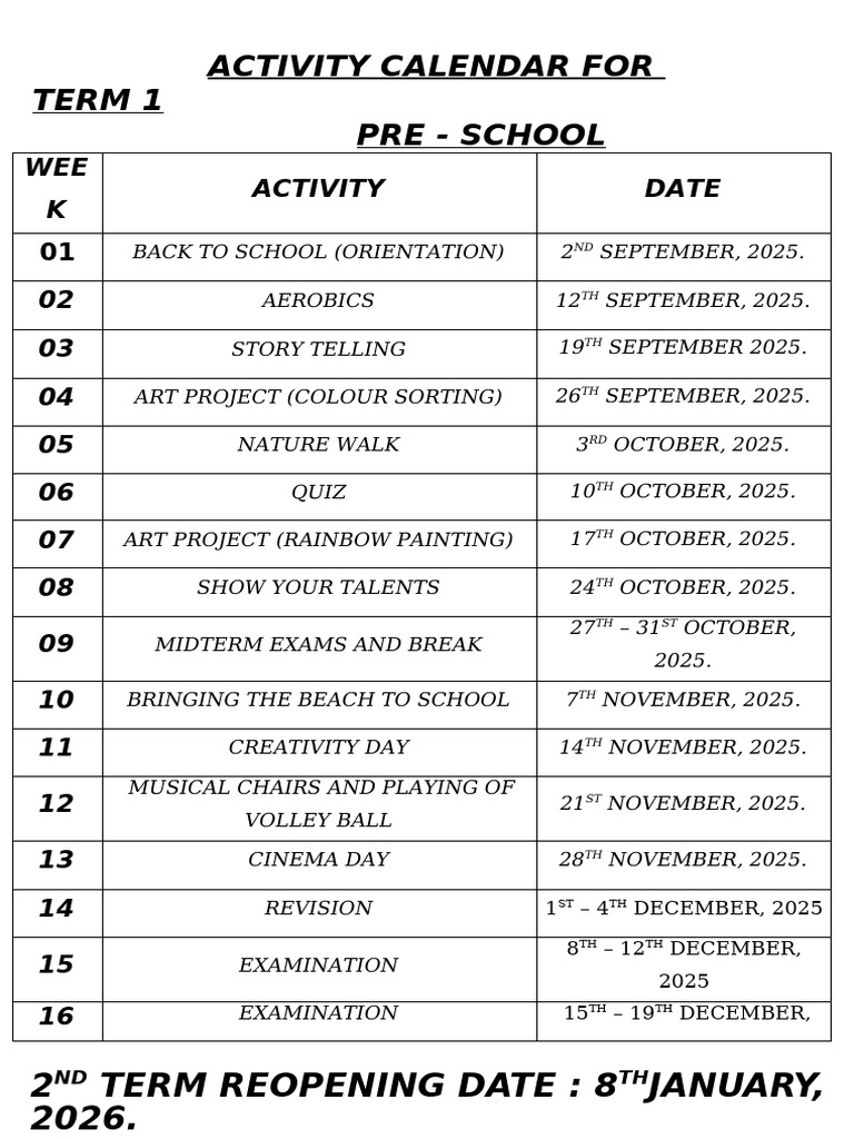 Preschool Term 1 Activity Calendar 2025 | PDF