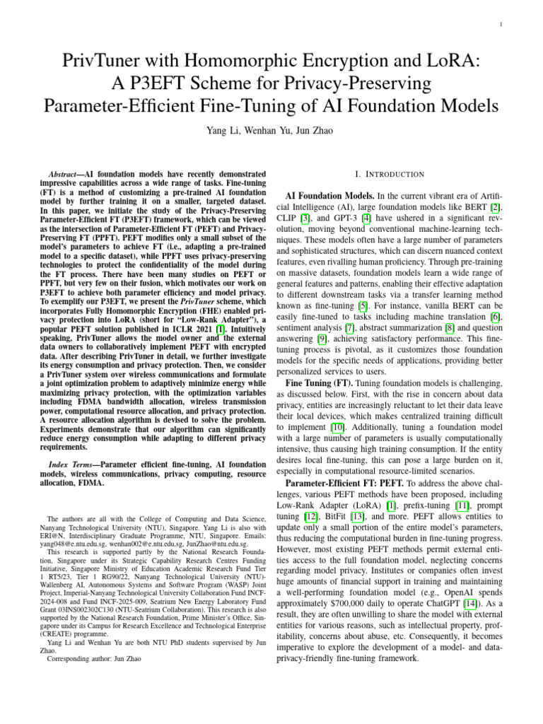 PrivTuner With Homomorphic Encryption and LoRA A P3EFT Scheme For Privacy-Preserving Parameter ...