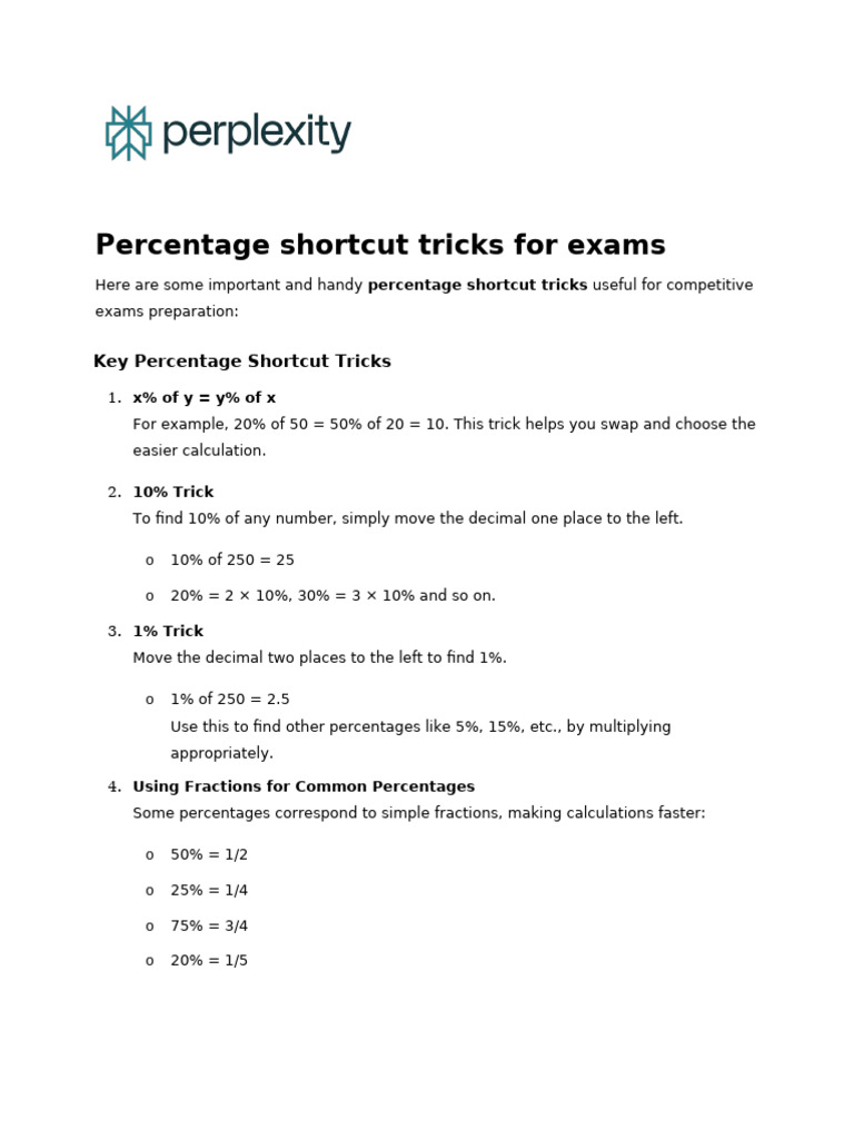 Percentage Shortcuts for Exams | PDF | Percentage | Odds