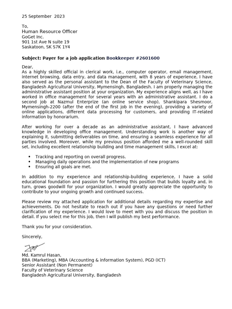 Job Application for Bookkeeper Position | PDF