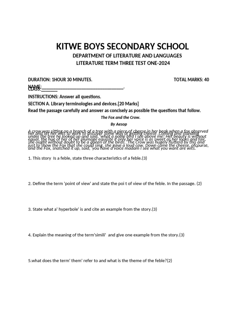 Literature Test: Kitwe Boys 2024 | PDF
