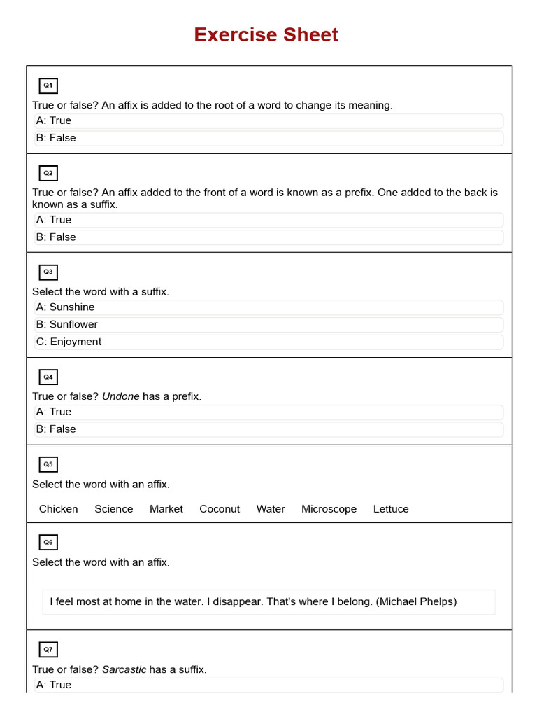 Affix - What Are Affixes - Quiz | PDF