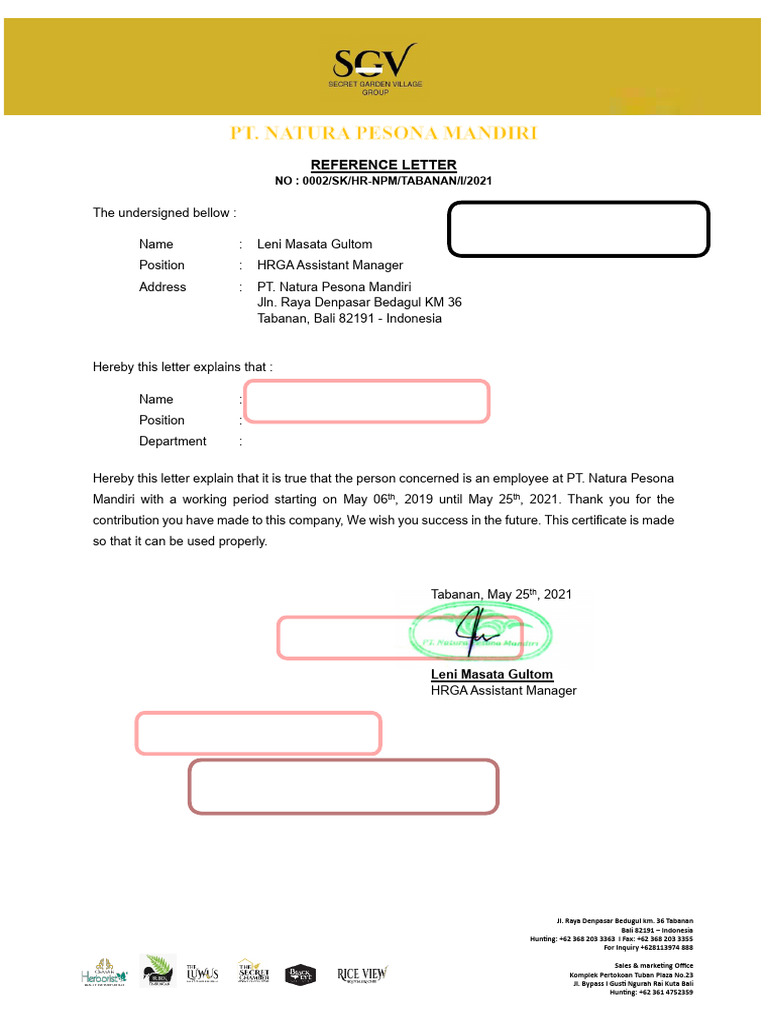 CONTOH SURAT KETERANGAN KERJA Natura Pesona Mandiri - SGV | PDF